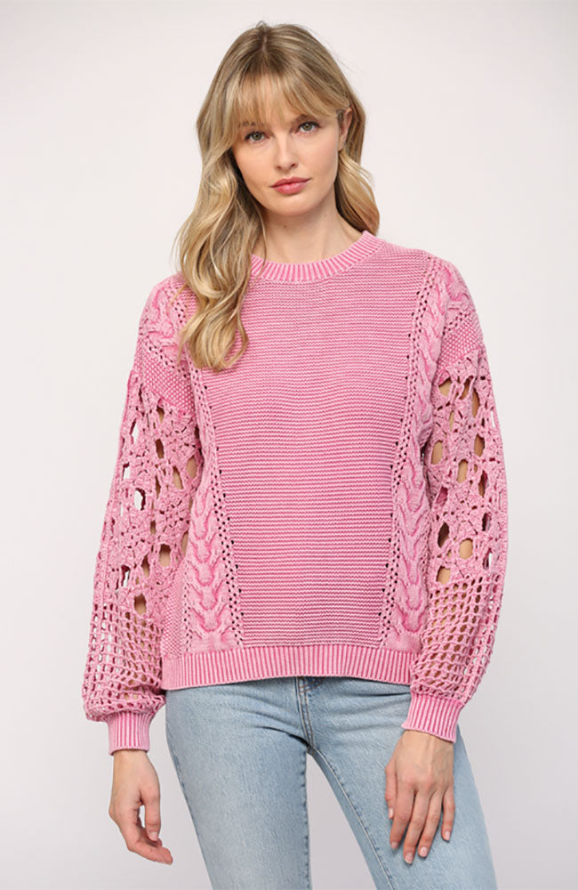 Washed Crochet Sleeve Sweater – shoprodeodrive